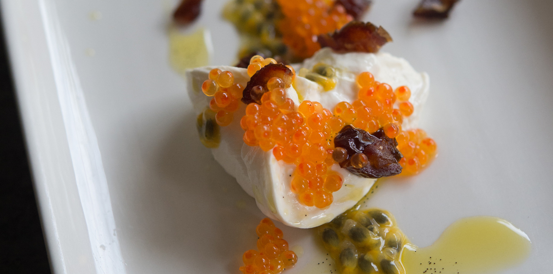 Justin Warner's Burrata with Trout Caviar, Passion Fruit, Vanilla and Dates